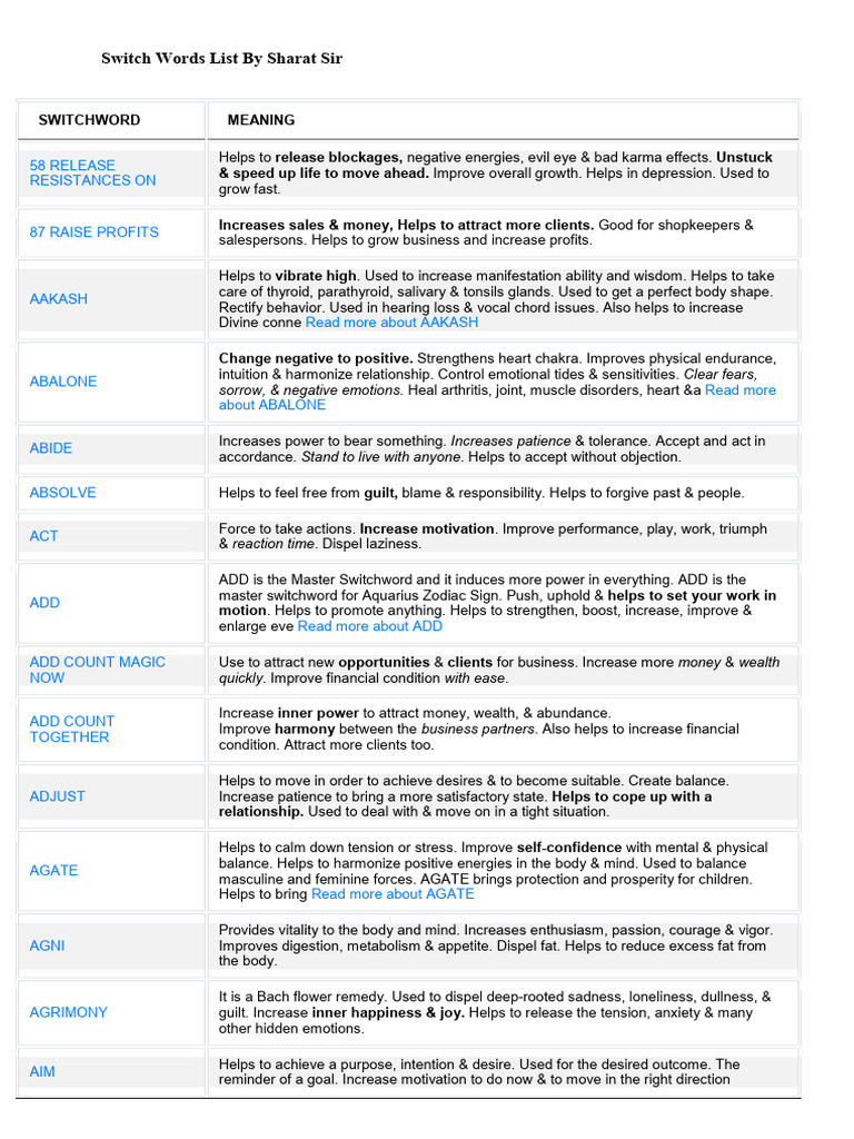 Comprehensive Switch Words Guide | PDF | Love | Fear