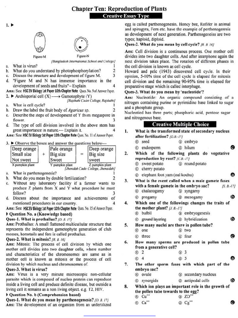 Ev HSC Biology 1 10th Chapter MCQ Question Answer | PDF