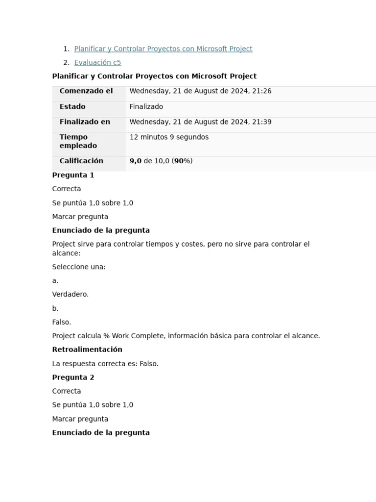 Evaluacion_05_Planificar y Controlar Proyectos Con Microsoft Project | PDF