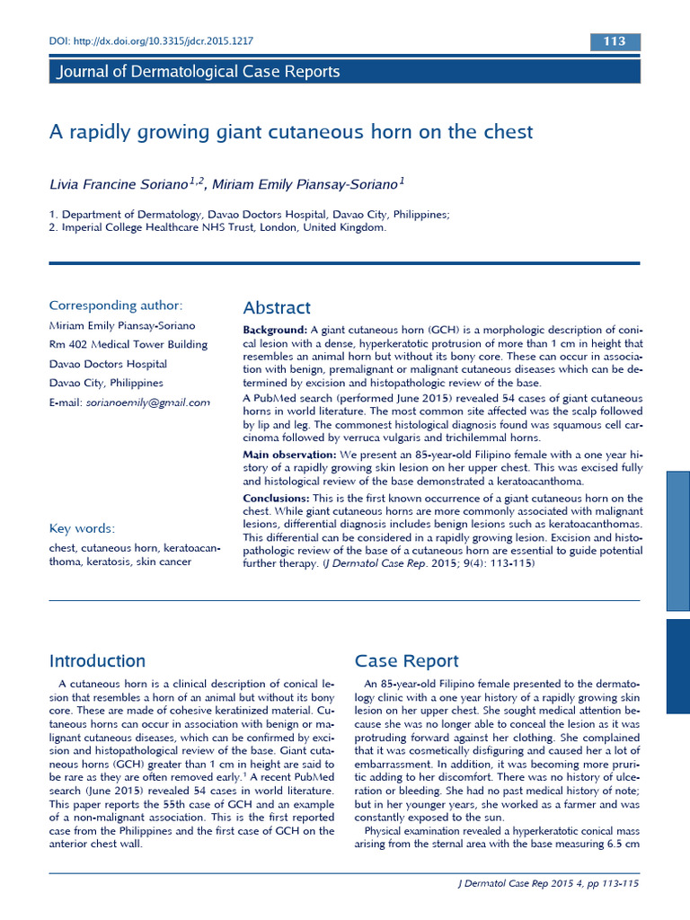 A Rapidly Growing Giant Cutaneous Horn On The Chest jdcr-09-113 | PDF ...