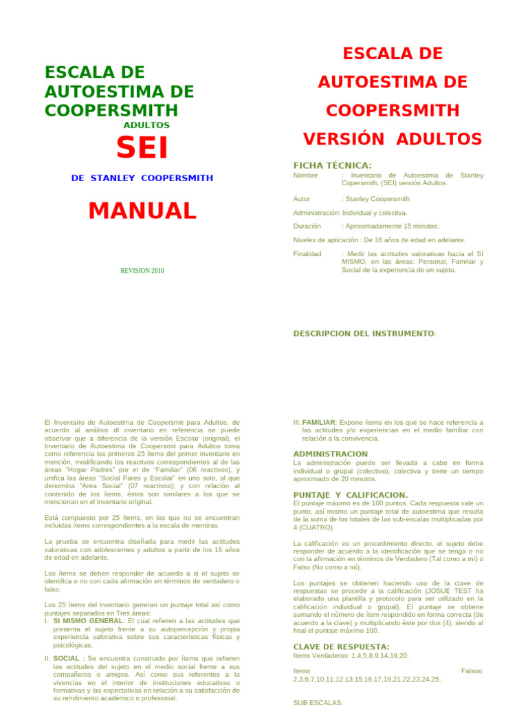 Escala de Autoestima Coopersmith Adultos | PDF | Psicología Social ...