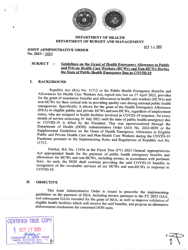 The Grant of HEA To Public and Private HCWs and Non HCWs | PDF