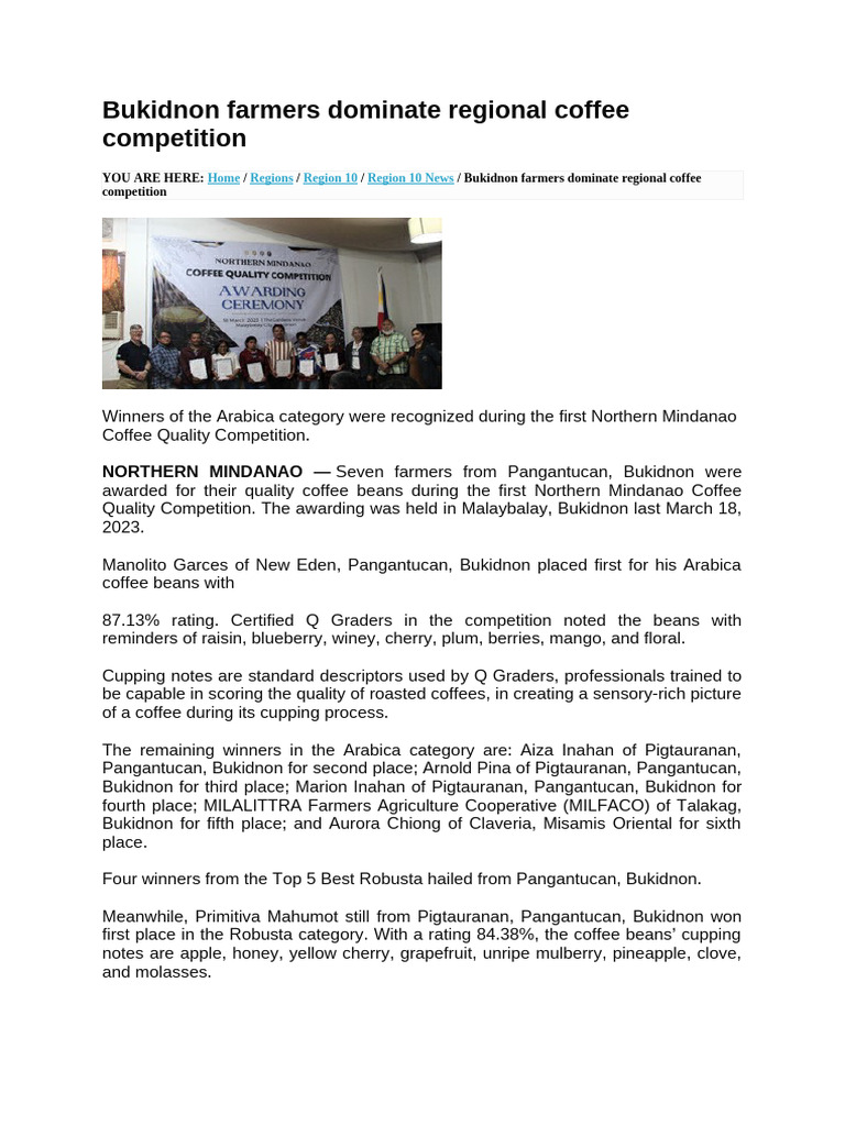 Bukidnon Farmers Dominate Regional Coffee Competition | PDF | Coffee ...