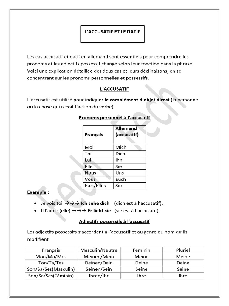 Accusatif et datif en allemand | PDF | Genre grammatical | Pronom