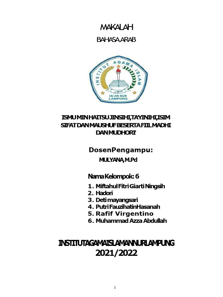 Makalah B Arab Ismu Min Haitsu Jinsihi, Ta'yinihi, Isim Sifat Dan Maushuf Beserta Fiil Madhi Dan ...