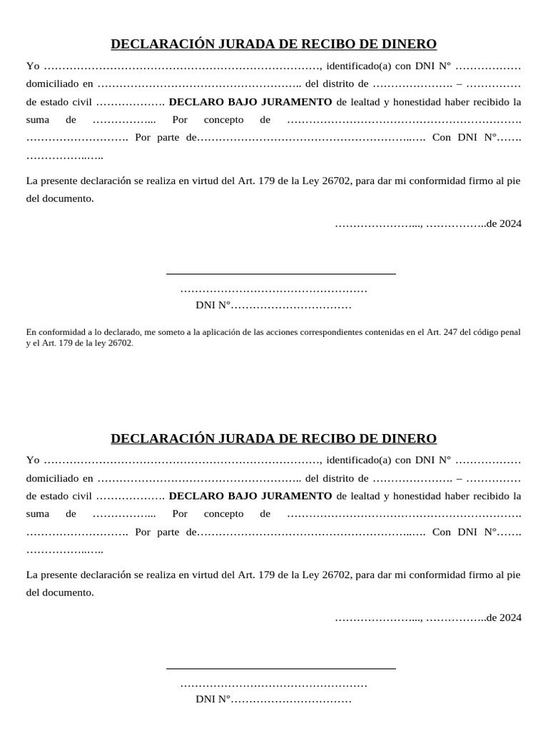 Declaración Jurada de Recibo de Dinero | PDF | Derecho