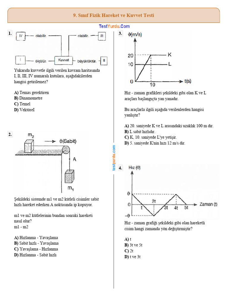9 Sinif Fizik Hareket Ve Kuvvet Testi | PDF