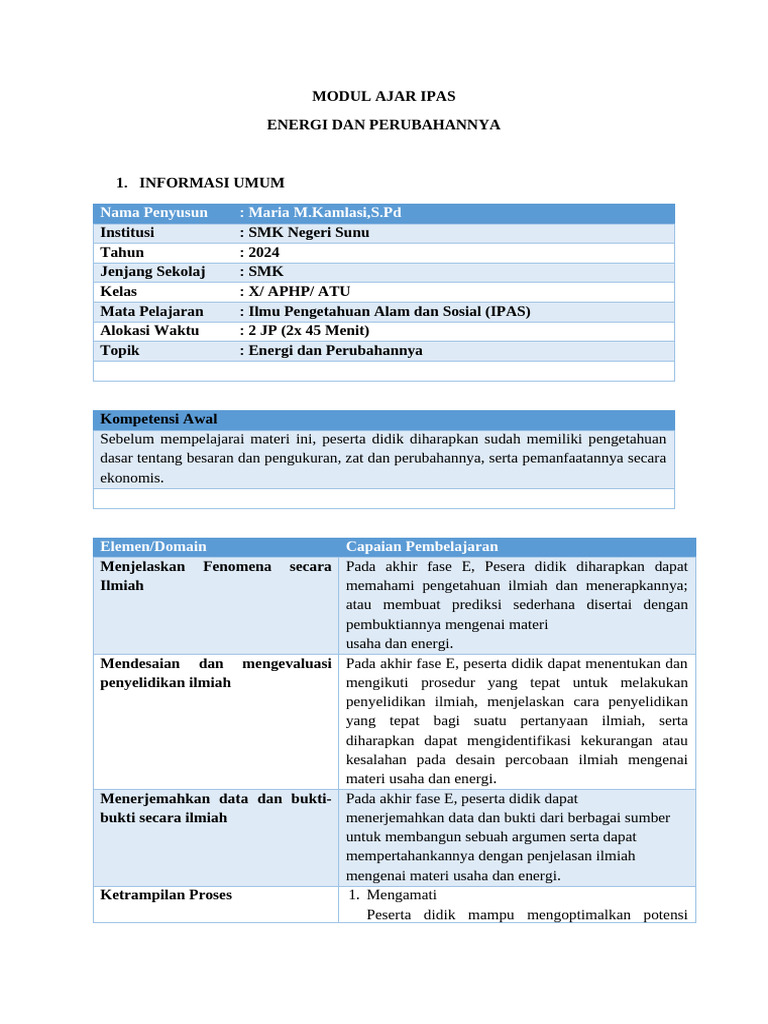 Modul Ajar IPAS: Energi dan Perubahan | PDF