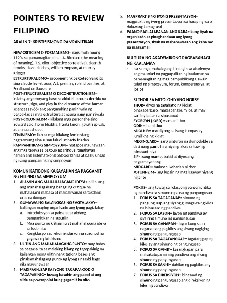 Pointers To Review Filipino | PDF
