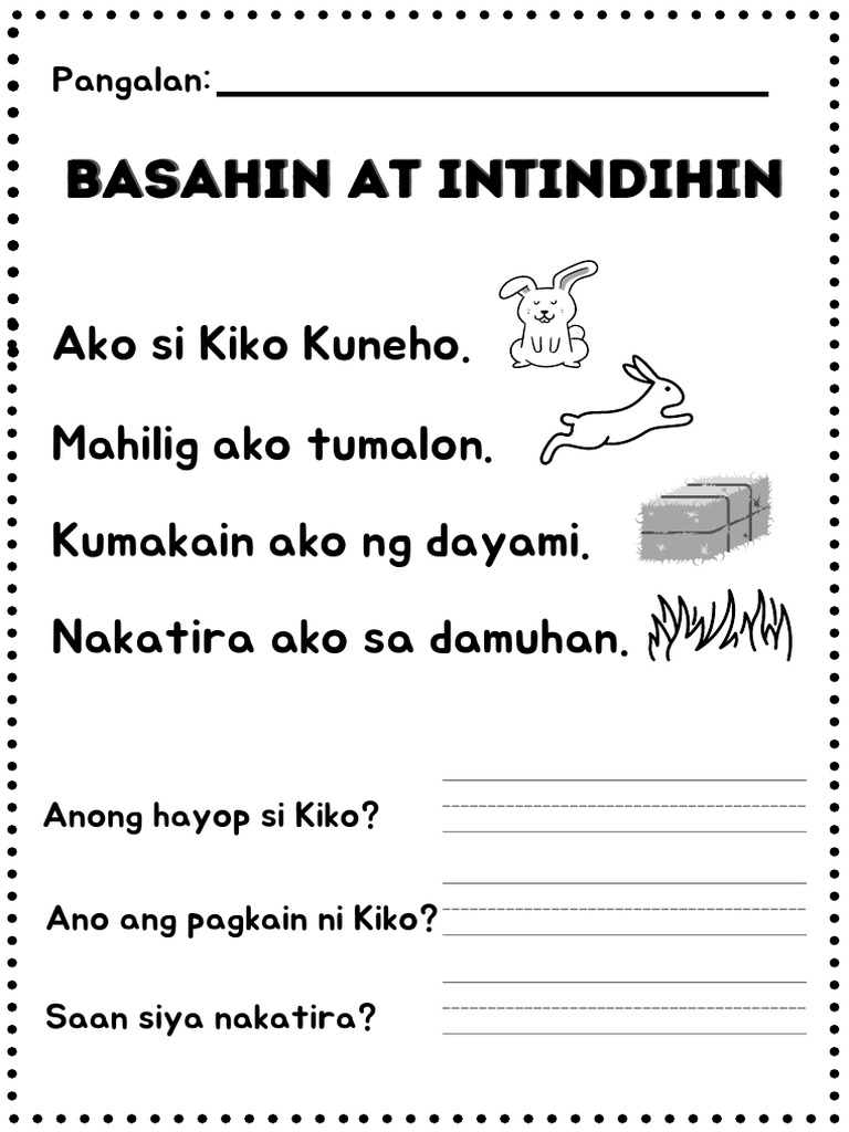 Black and White Filipino Reading Comprehension Worksheet | PDF