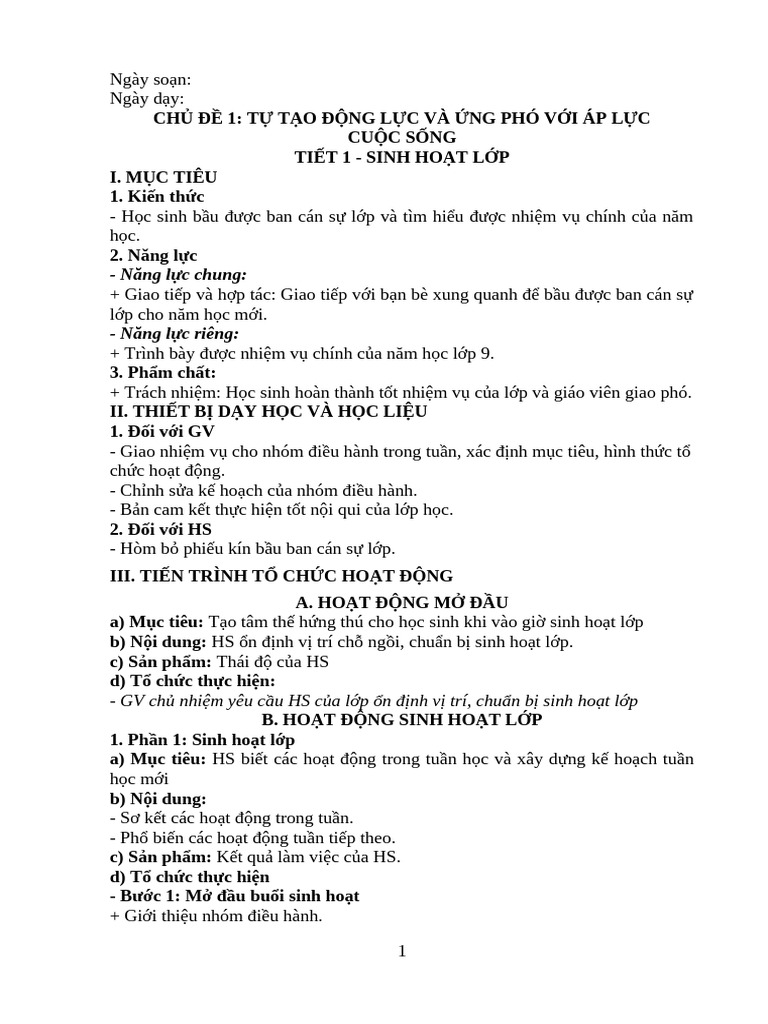 KHDH SHL HKI HĐTN 9 Bộ CTST - Sinh Hoat Lớp Bản 1 | PDF