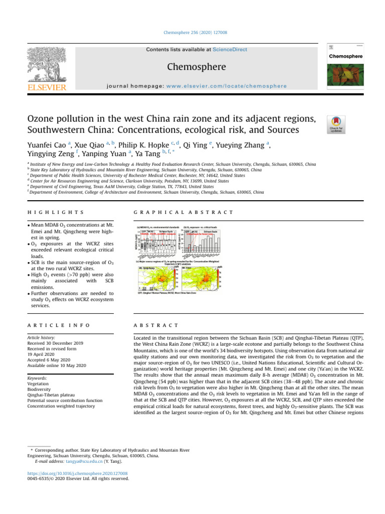 Chemosphere: Yuanfei Cao, Xue Qiao, Philip K. Hopke, Qi Ying, Yueying ...