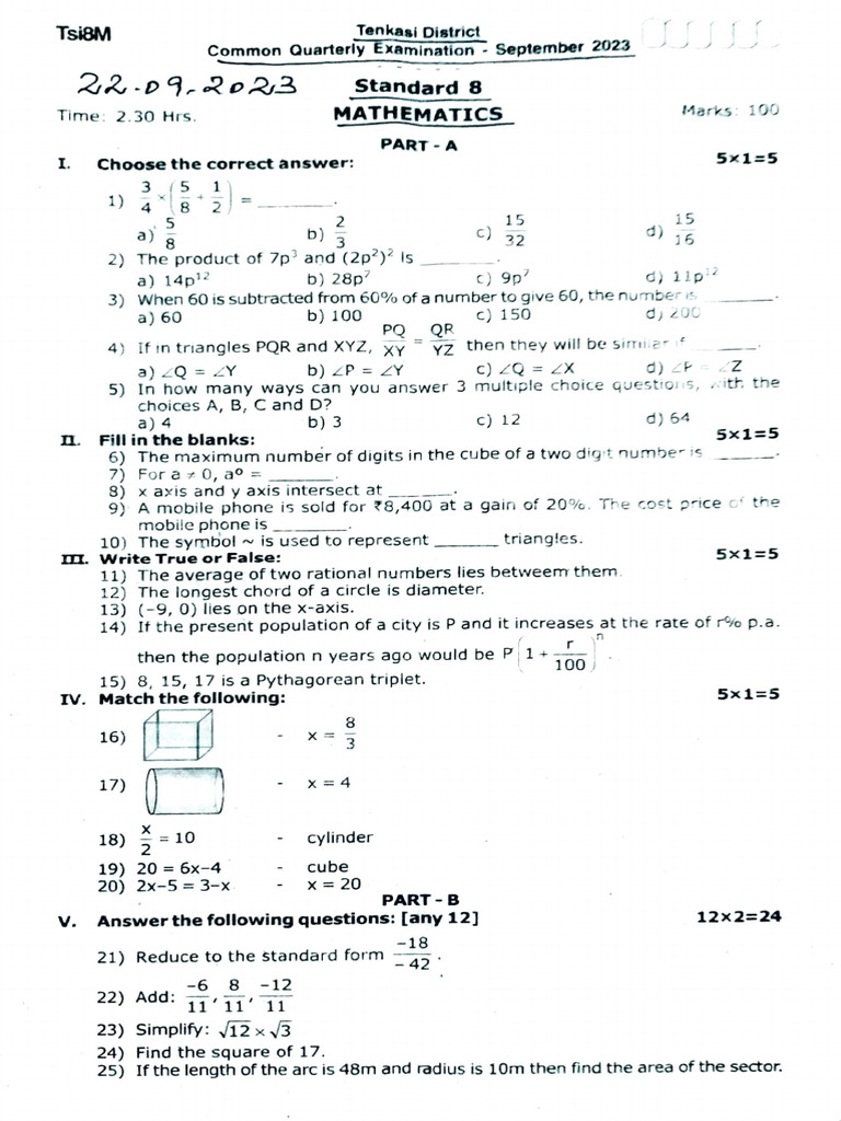 8th Maths EM Quarterly Exam 2023 Original Question Paper Thenkasi District English Medium PDF ...