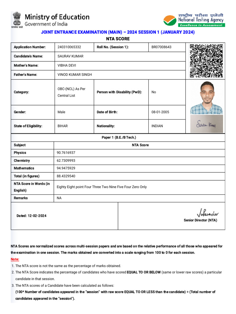 JEE Main 2024 Session 1 Scorecard | PDF | Qualifications | Tests