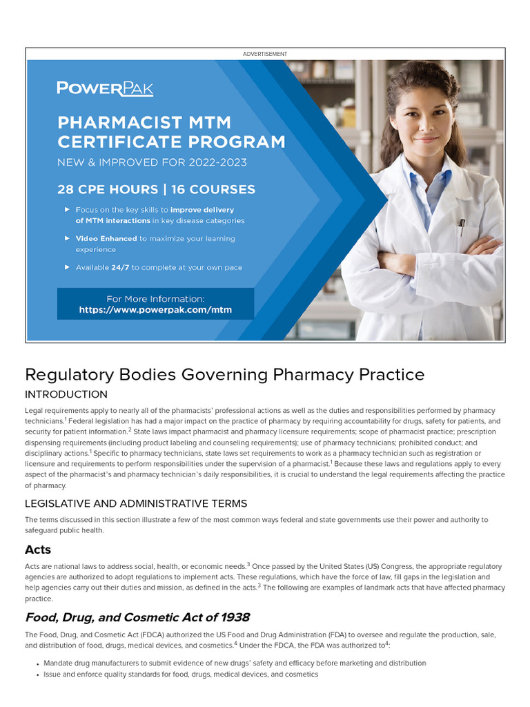 Regulatory Bodies Governing Pharmacy Practice | PDF | Food And Drug Administration | Pharmacy