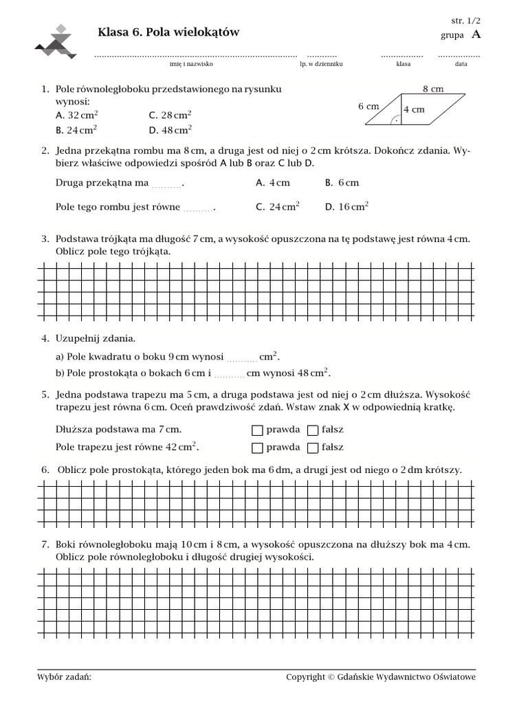 Klasa 6. Pola Wielokątów PRACA KLASOWA | PDF