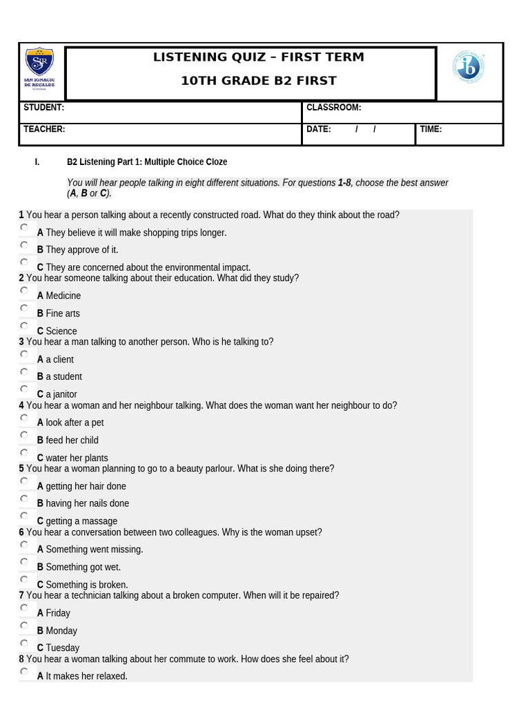 10th B2 First Listening Quiz 1 First Term | PDF | Foreign Language ...