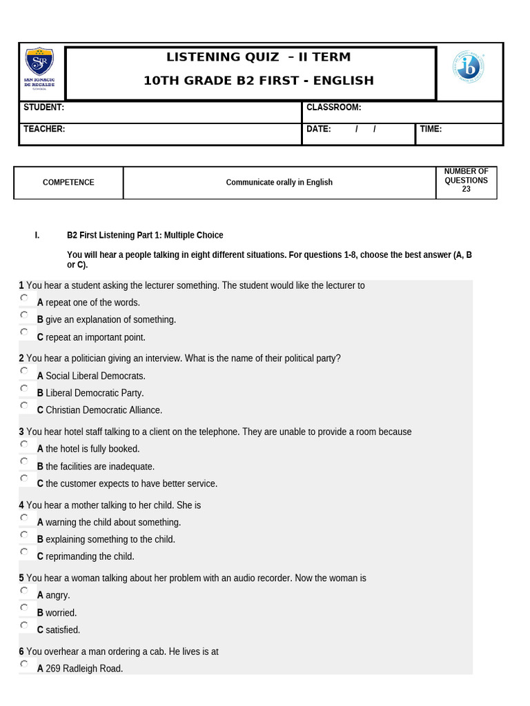 10th B2 First Listening Quiz Second Term | PDF