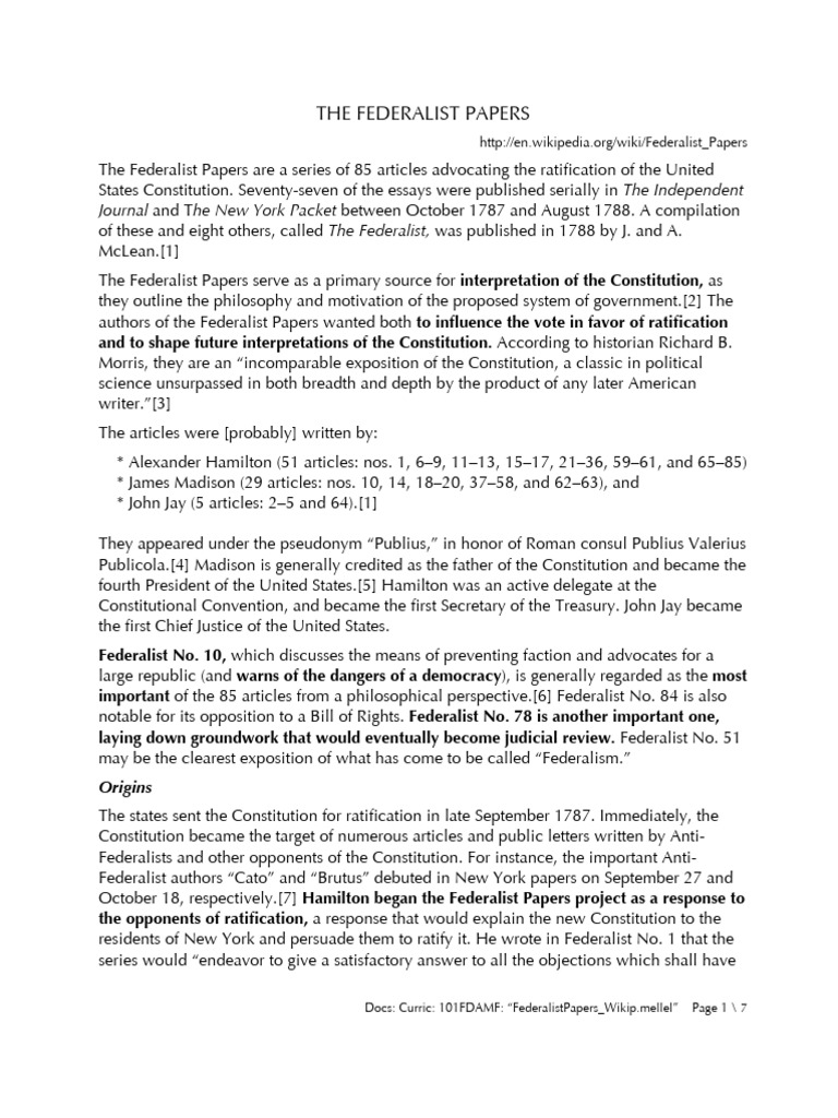 Federalist Papers THE FEDERALIST PAPERS | PDF | The Federalist Papers ...