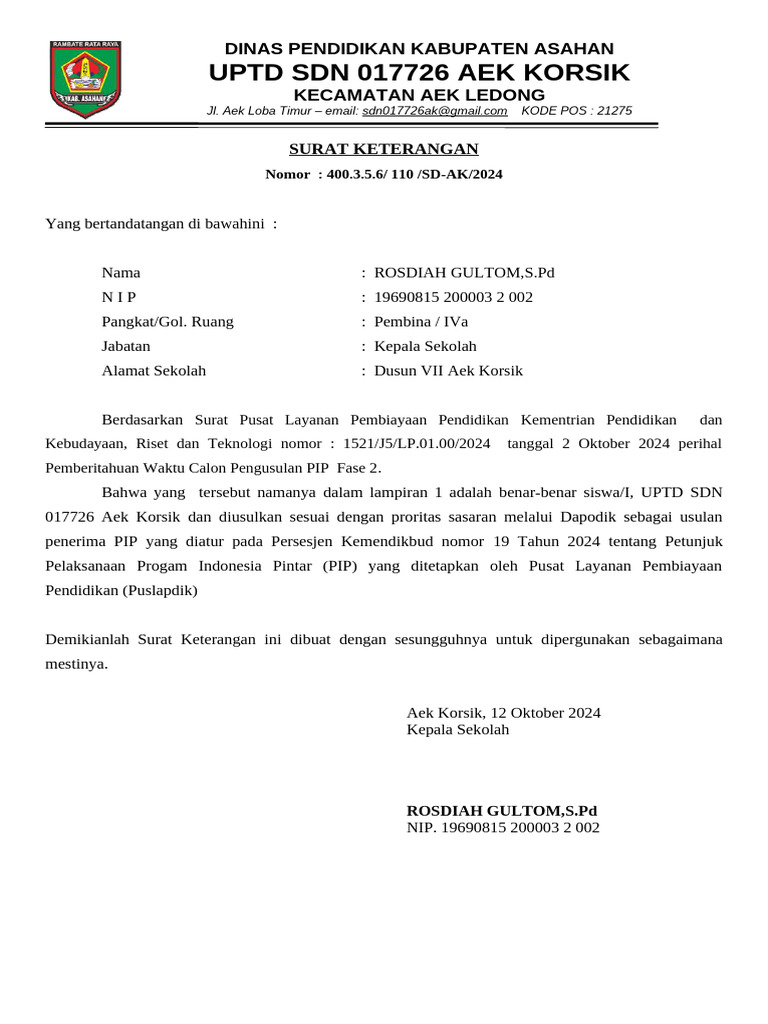 Surat Keterangan Usulan Fase 2 Layak SD PIP Tahun 2024 | PDF