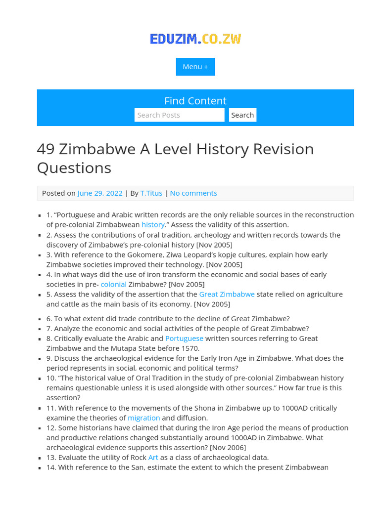 A Level Zimbabwe History Revision Q&A | PDF | Zimbabwe | Archaeology
