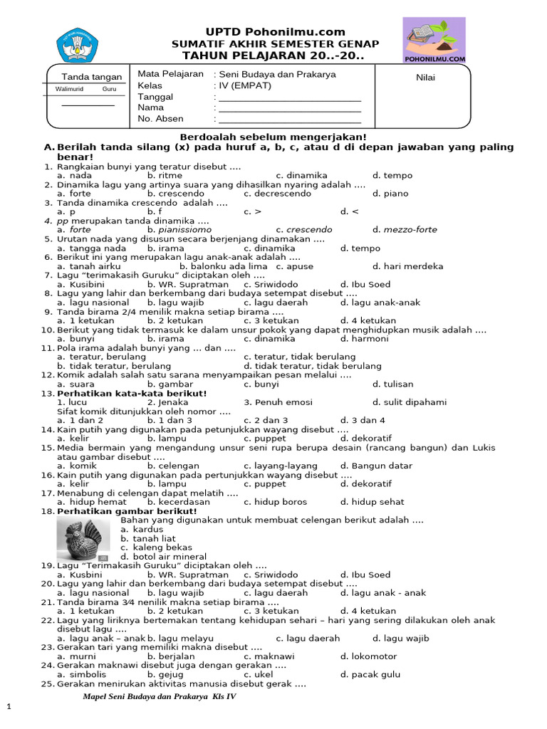 Soal SAS 2 Kelas 4 - Seni Budaya | PDF