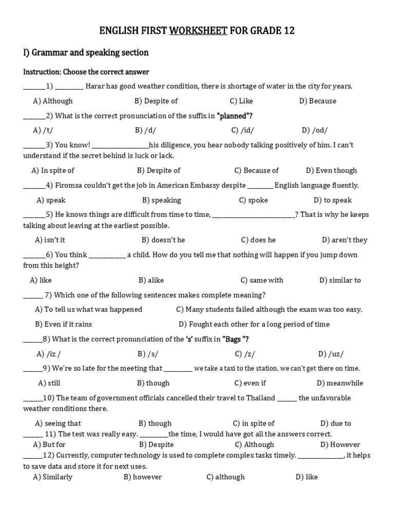 Grade 12 English Grammar Worksheet | PDF | Linguistics