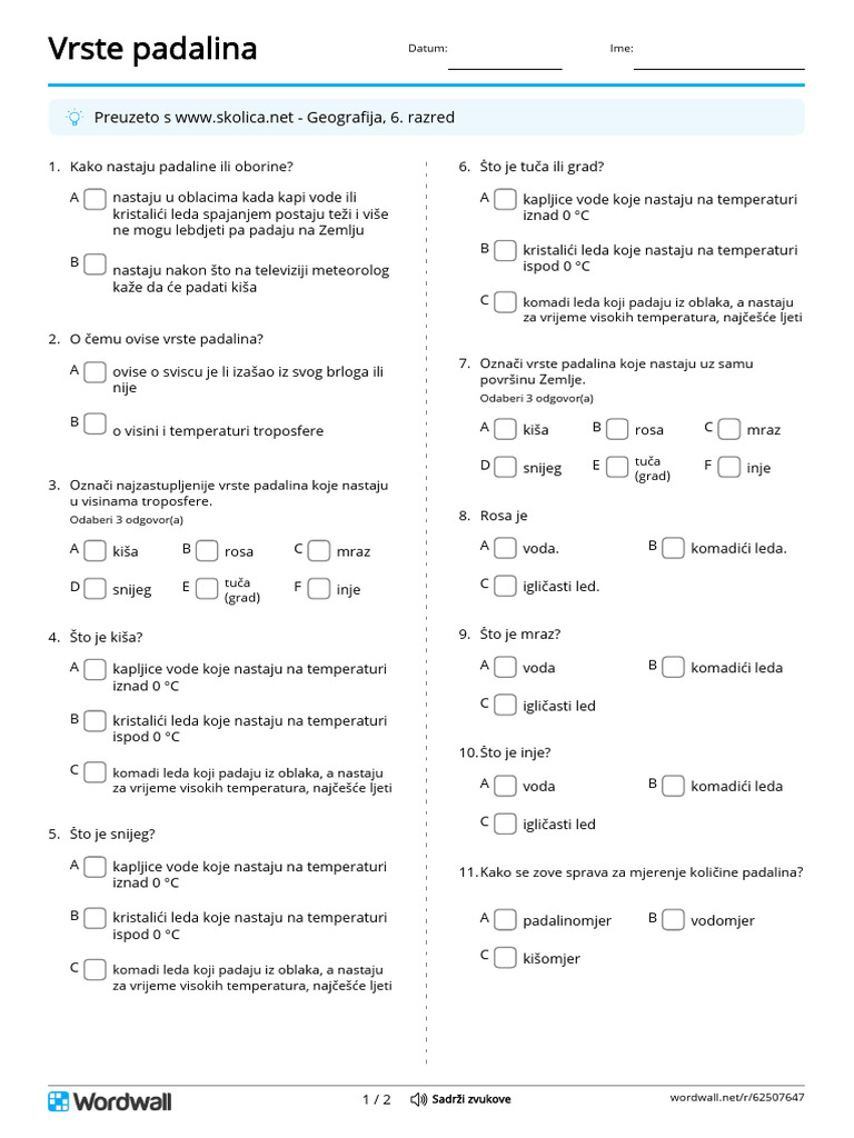 Vrste-Padalina-Kviz - Radni Liustic Geografija 6 Razred | PDF