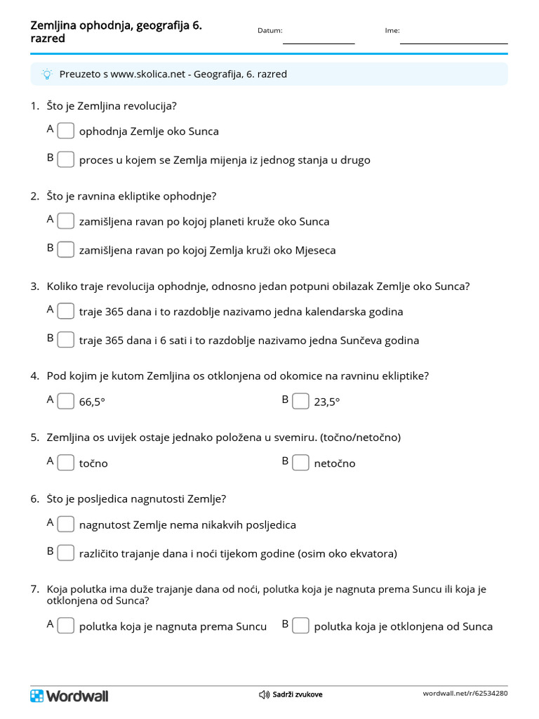 Zemljina Ophodnja Geografija 6 Razred Ispit | PDF