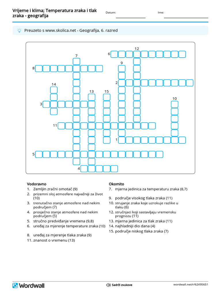 Vrijeme I Klima Temperatura Zraka I Tlak Zraka Geografija Krizaljka - Radni - Listic | PDF