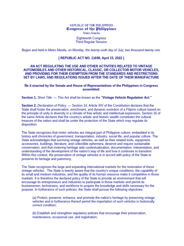 Vintage Vehicle Regulation Act Overview | PDF | Vehicles