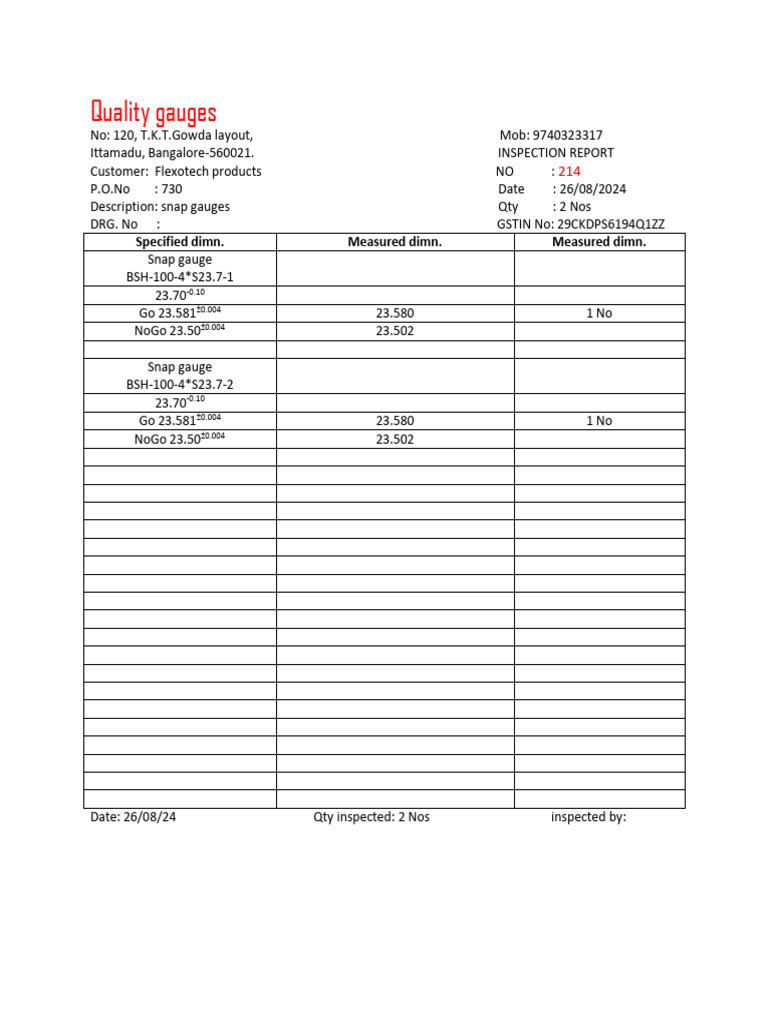 214 Quality Gauges Inspection Report Flexotech Products Snap Gauges | PDF
