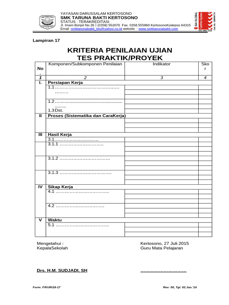F KUR 18 Lamp.17 Kriteria Penilaian Ujian Proyek | PDF