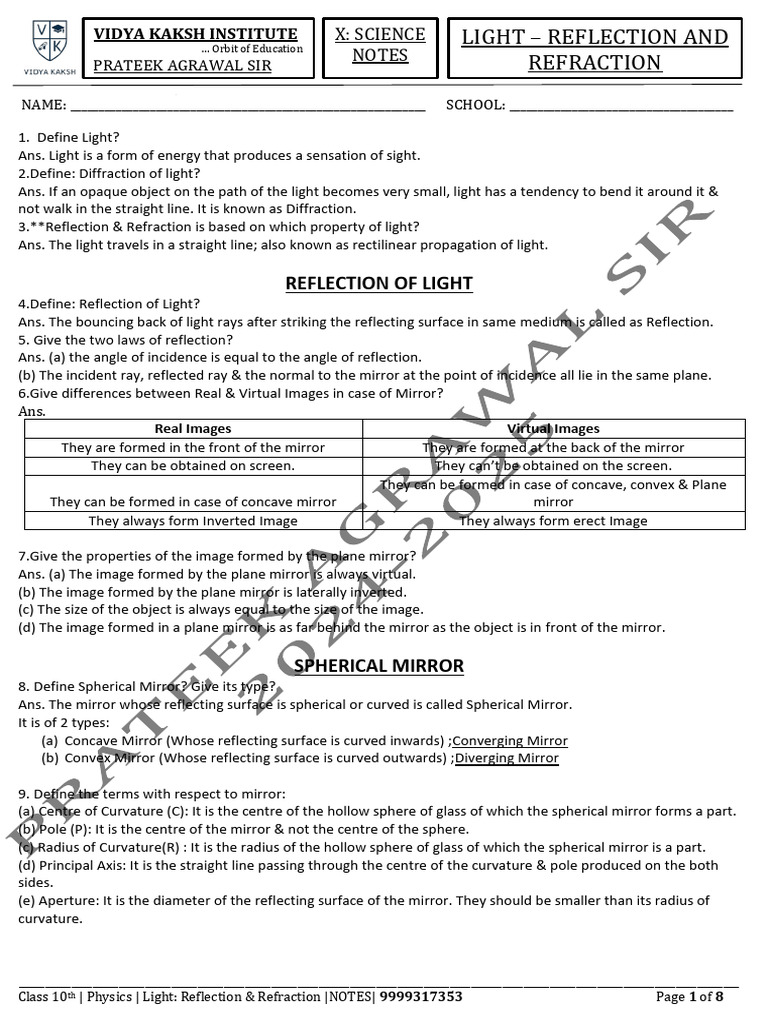 Light - Reflection & Refraction | PDF | Mirror | Refraction