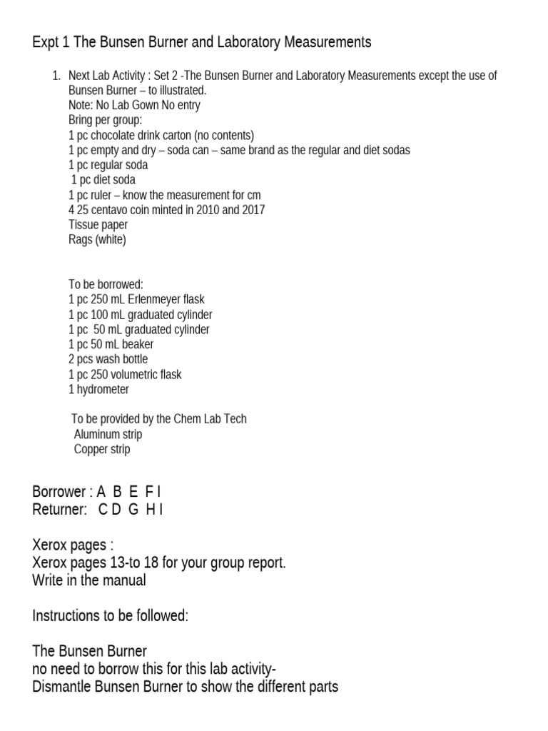 Expt 1 The Bunsen Burner and Laboratory Measurements Instructions | PDF ...