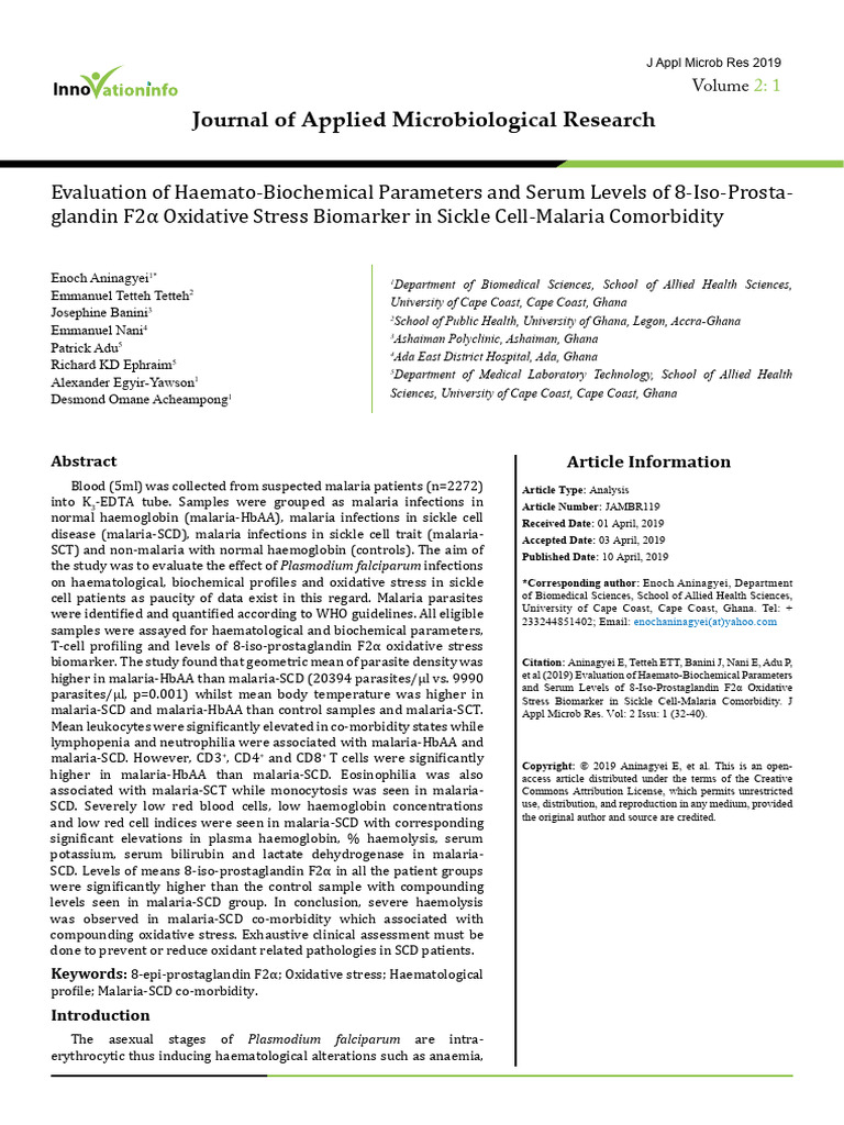 2019 - Evaluation of Haemato-Biochemical Parameters and Serum Levels of 8-Iso-Prostaglandin ...