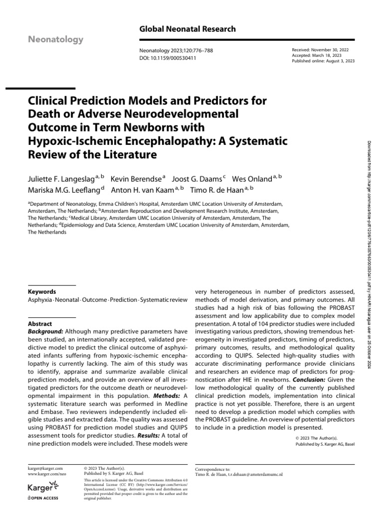 Clinical Prediction Models and Predictors For Death or Adverse ...