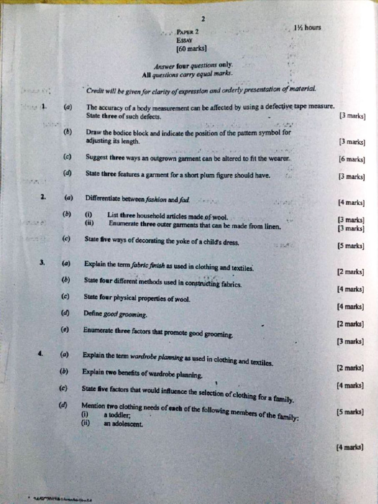 Clothing and Textiles (Objective & Essay) - WASSCE 2024 | PDF