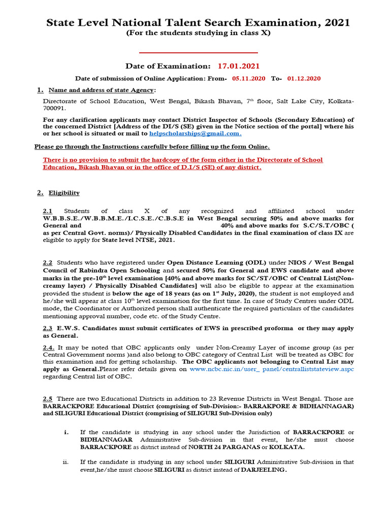 West Bengal NTSE 2021 Application Guide | PDF