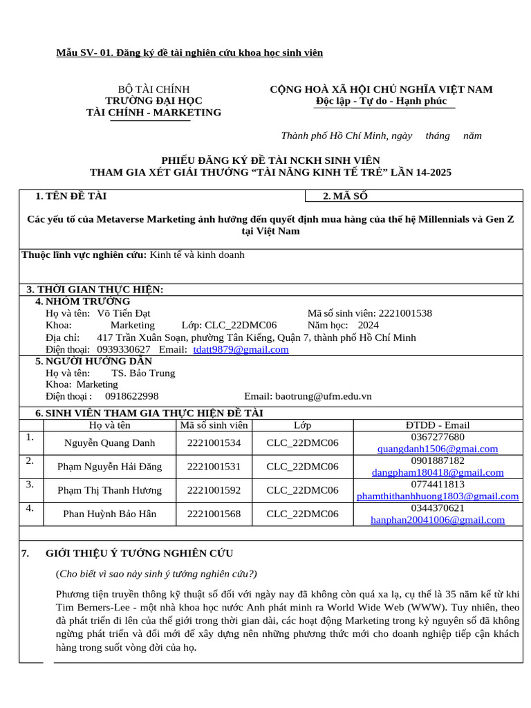 Mẫu 1.Đơn đăng ký - cach thuc trinh bày NCKH SV lần 14 2025 1 | PDF