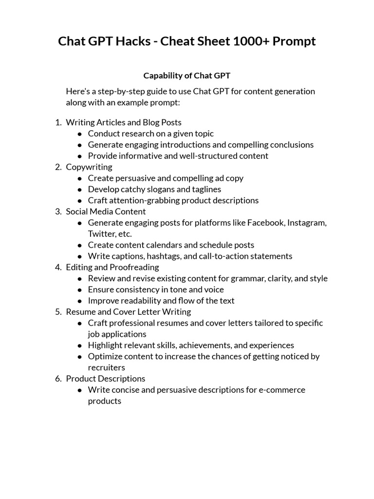 Chat GPT 500 + Prompt Cheat Sheet | PDF | Websites | Social Media