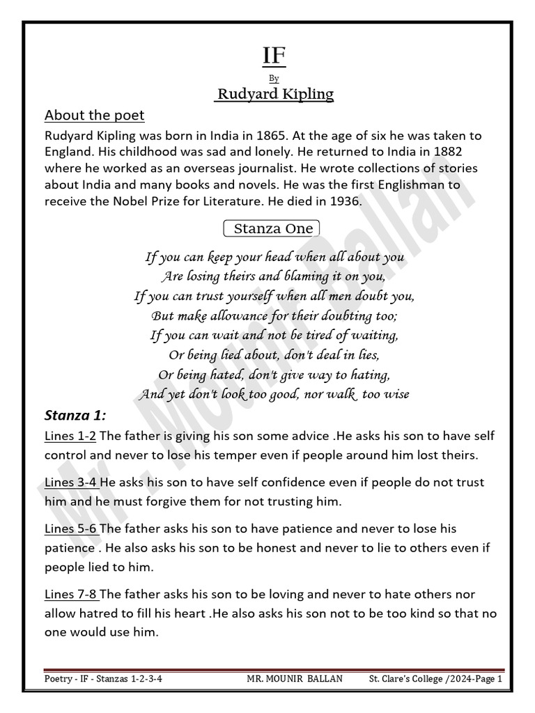 Kipling's "If": Stanzas and Paraphrase | PDF | Poetry | Rhyme