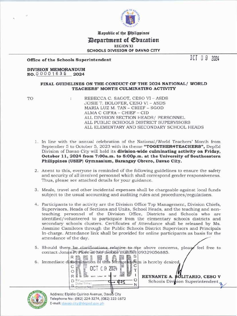 2024 DM No. 1635 FINAL GUIDELINES ON THE CONDUCT OF THE 2024 NATIONAL WORLD TEACHERS MONTH ...