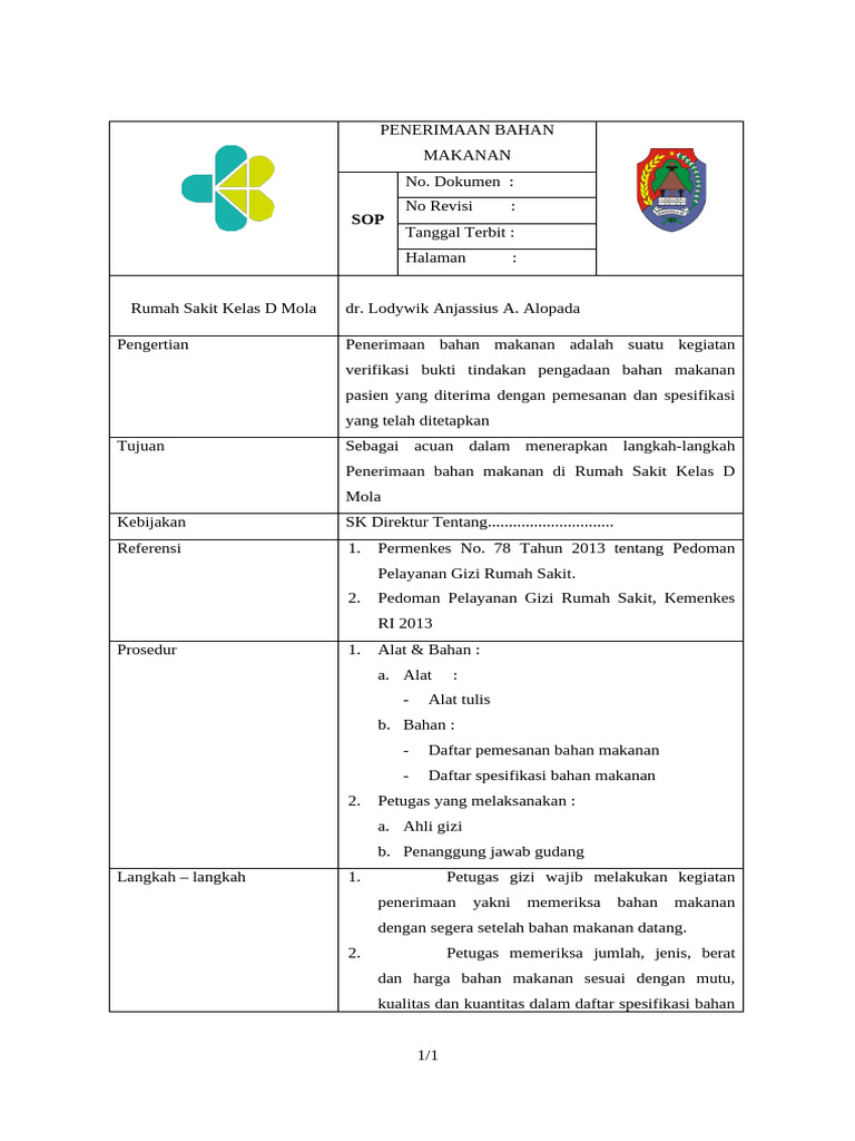 SOP Penerimaan Bahan Makanan RS Mola | PDF | Kesehatan Holistik