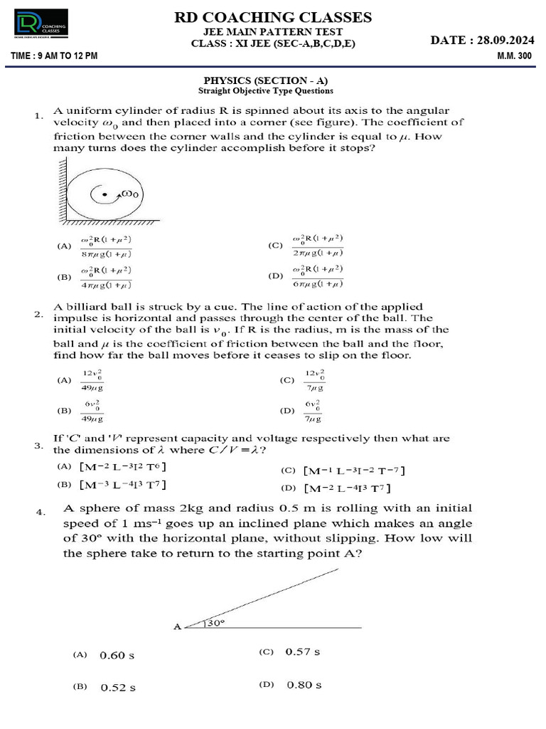 Xi Jee Abcde Section Paper 28.09.2024 | PDF | Educational Assessment ...