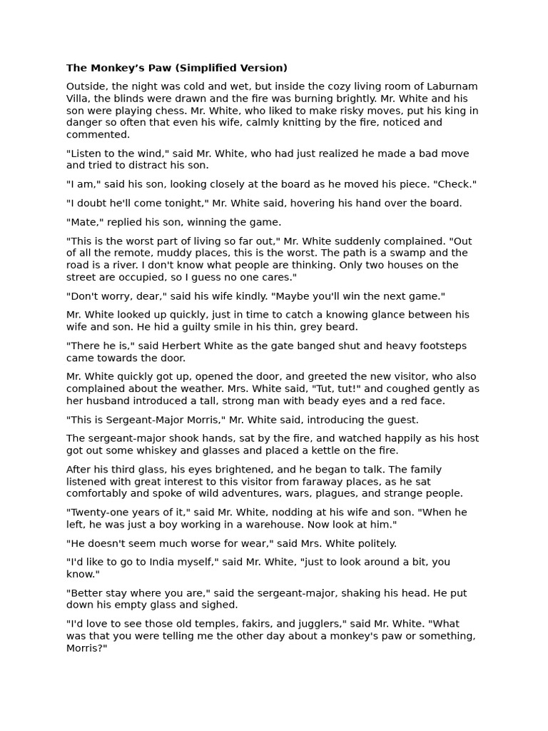 Story The Monkeys Paw Simplified | PDF