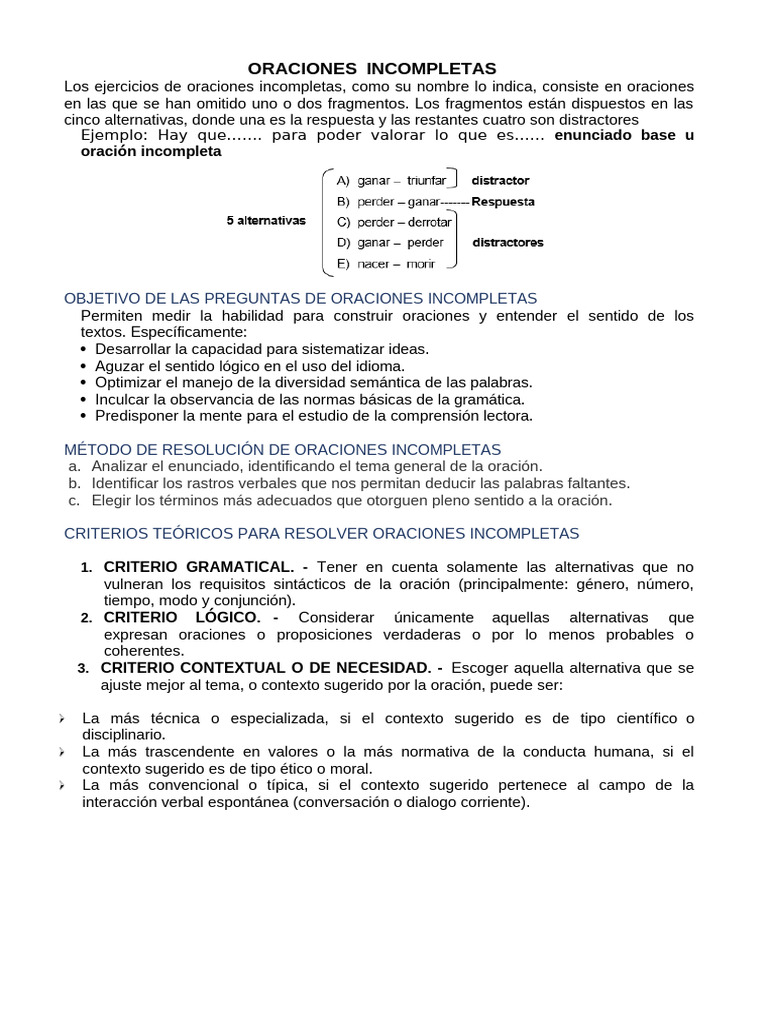 Teoría Oraciones Incompletas | PDF | Artes del Lenguaje y Comunicación