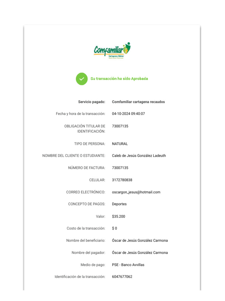 Comprobante de Pago Comfamiliar Cartagena | PDF | Ciencias sociales | Derecho