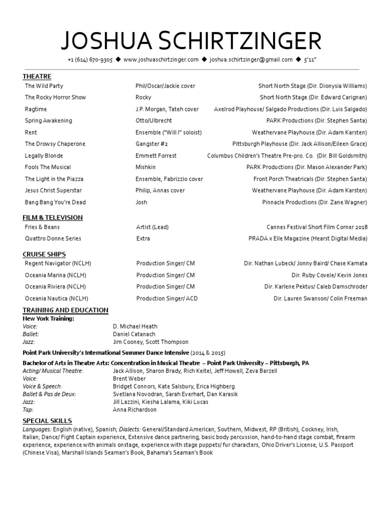 Joshua Schirtzinger: Theatre Resume | PDF | Performing Arts