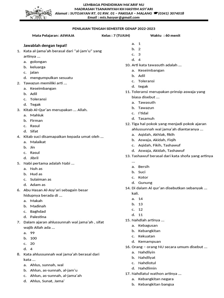 Soal PTS KLS 7 GENAP Aswaja 20222023 | PDF